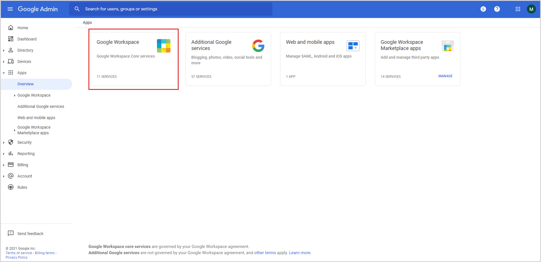 How to enable Gmail and Google Drive services in Google Workspace Admin console